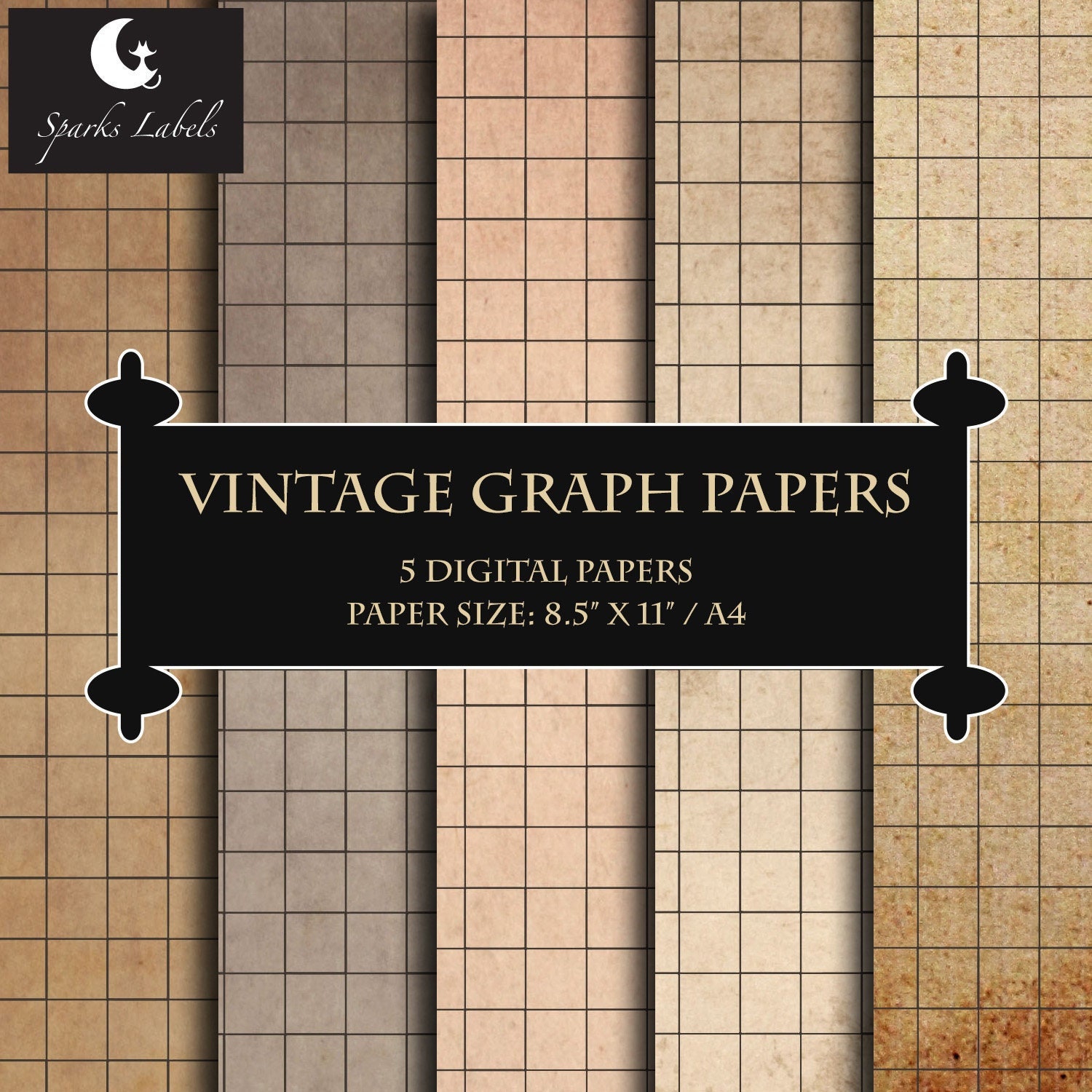 5 Vintage Graph Papers, Printable Backgrounds, Digital Papers, Instant ...
