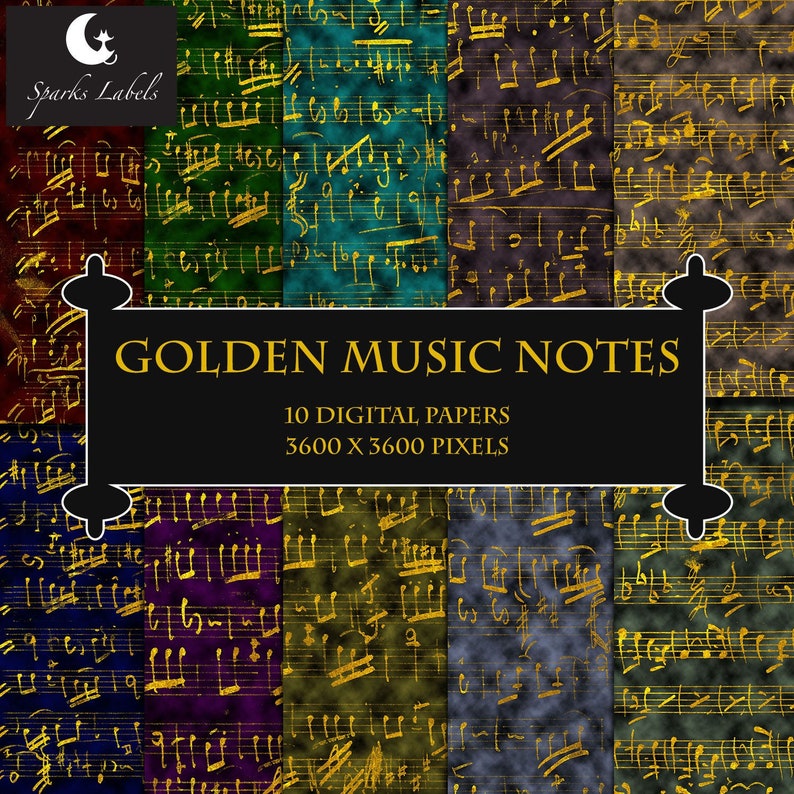 Golden Music Notes Digital Paper Backgrounds, Printable, Commercial Use ...