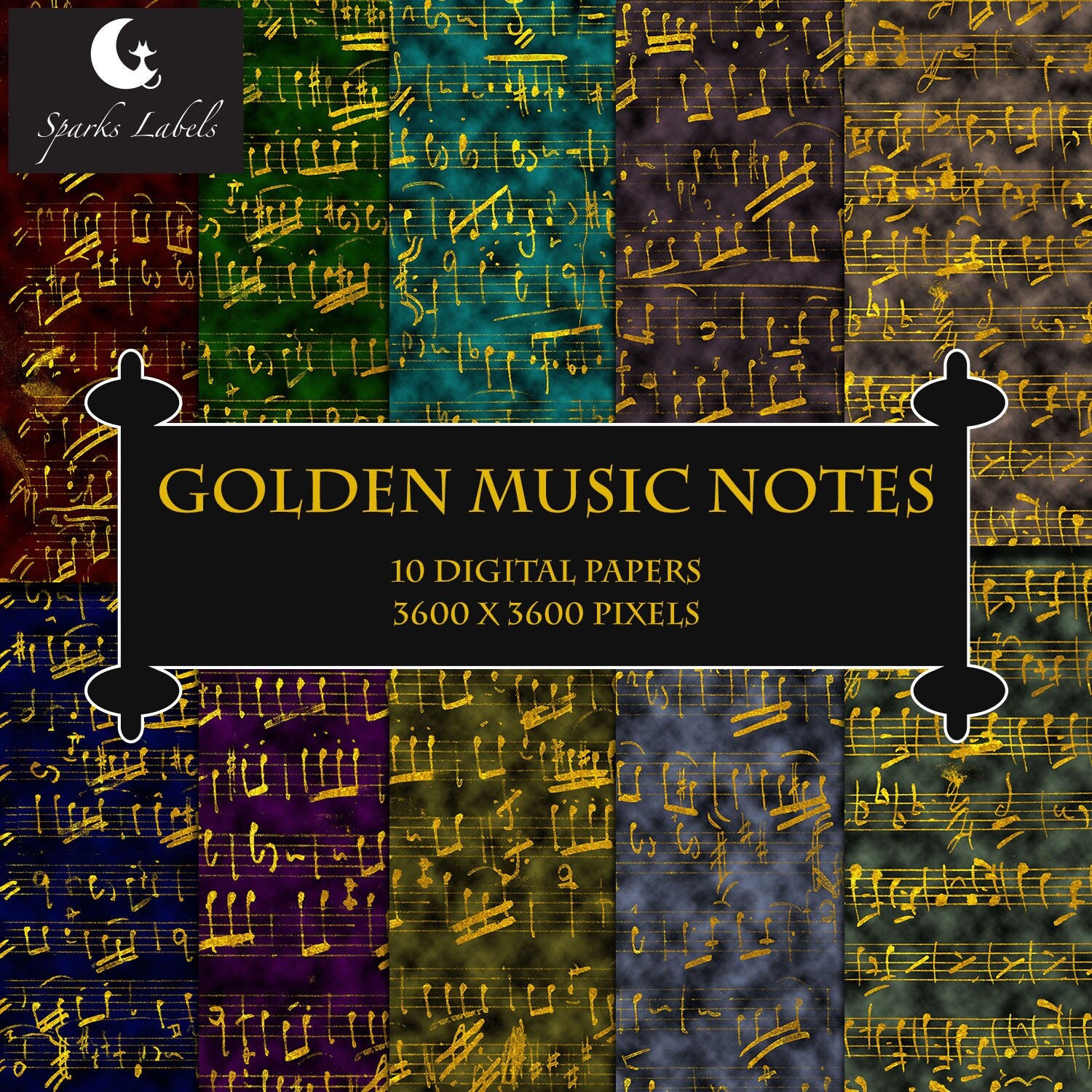 Golden Music Notes Digital Paper Backgrounds, Printable, Commercial Use ...