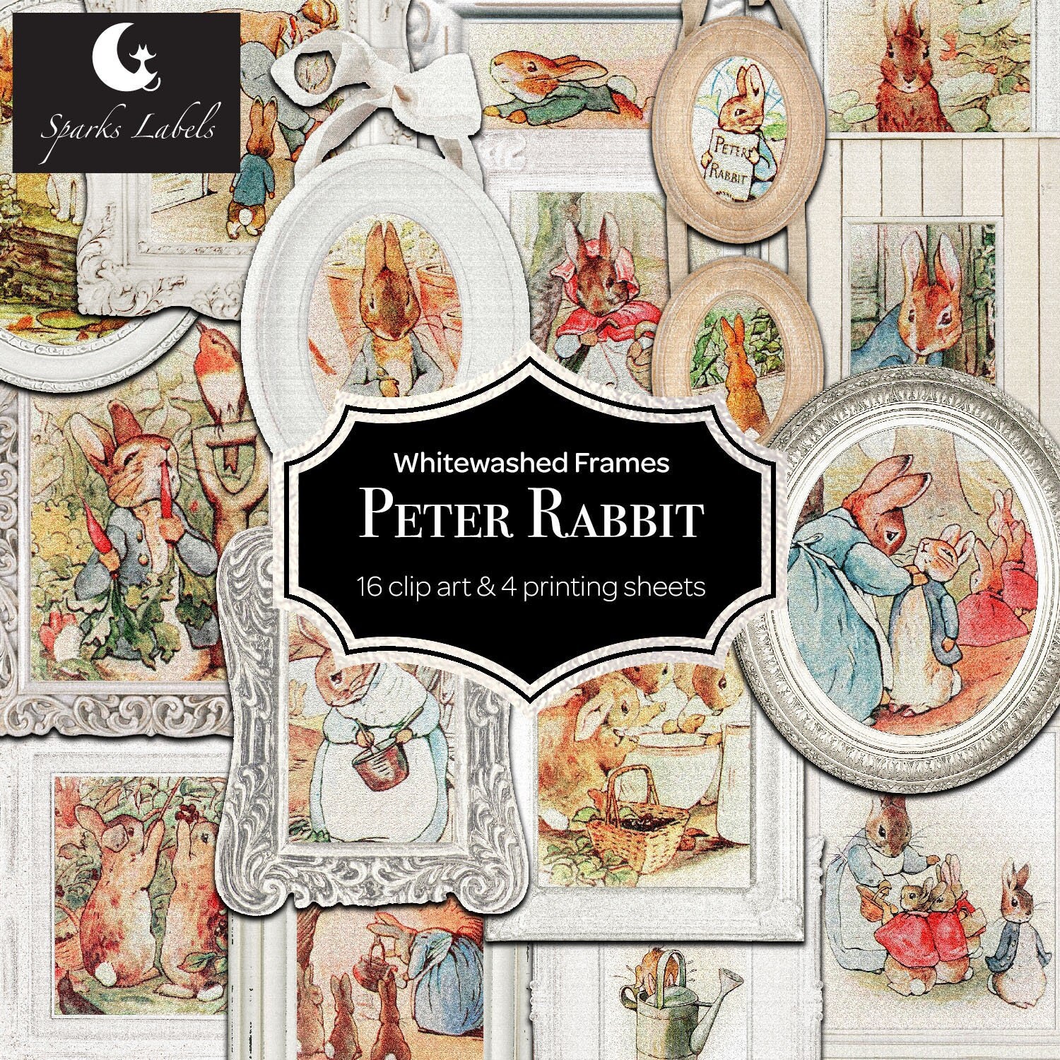 Framed Vintage Peter Rabbit Clip Art, Whitewashed Frames, Vintage ...