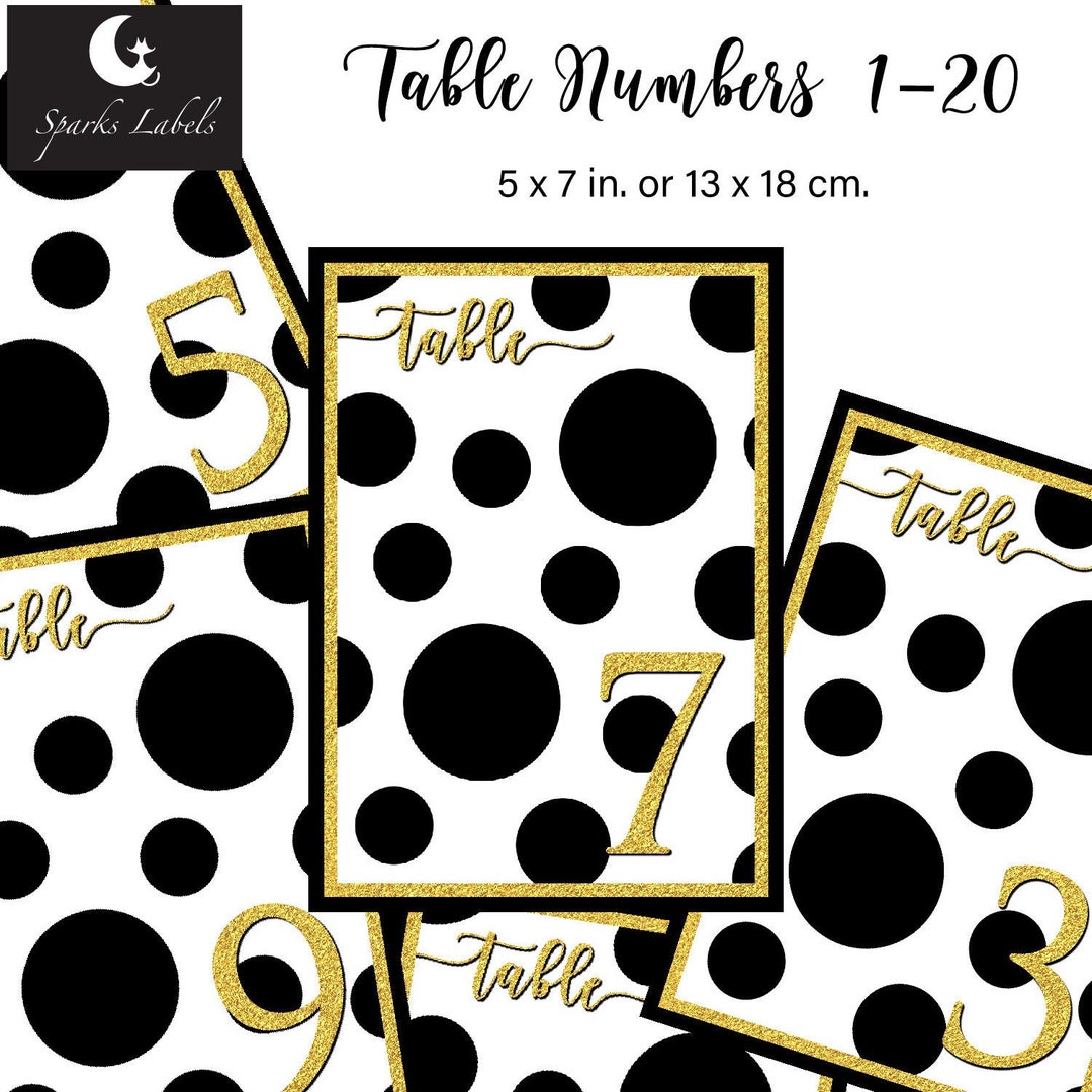 Polka Dot and Gold Table Numbers #1-20, Black & White, Wedding Numbers ...