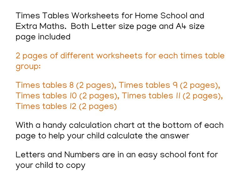 Times Tables Printable Worksheets X8 up to X12, Kids Learning Home ...