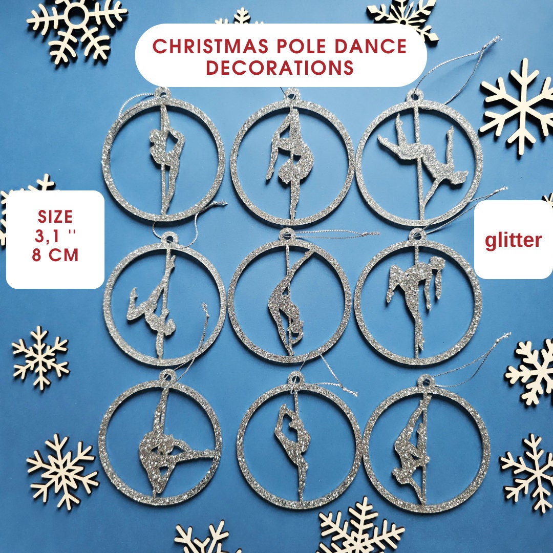 Set of 9 Pole Dance Christmas Ornaments, Silver Glitter Pole Dance ...