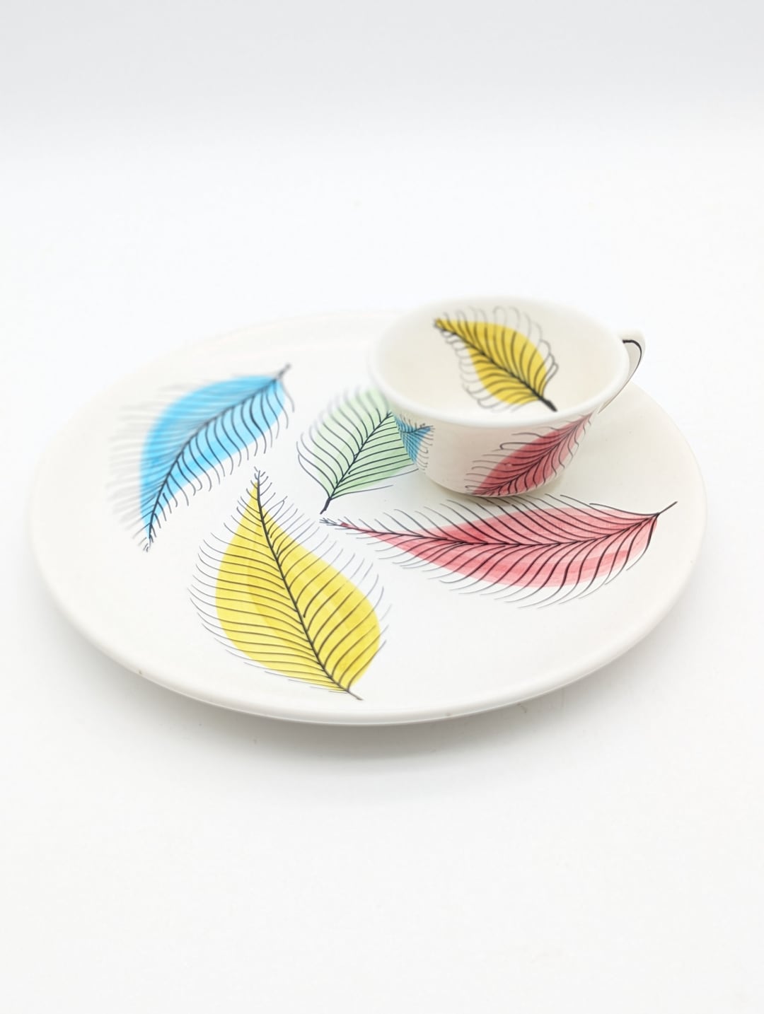 Tasca Hand Painted in Italy Snack Plate and Cup Bright Feather Design ...