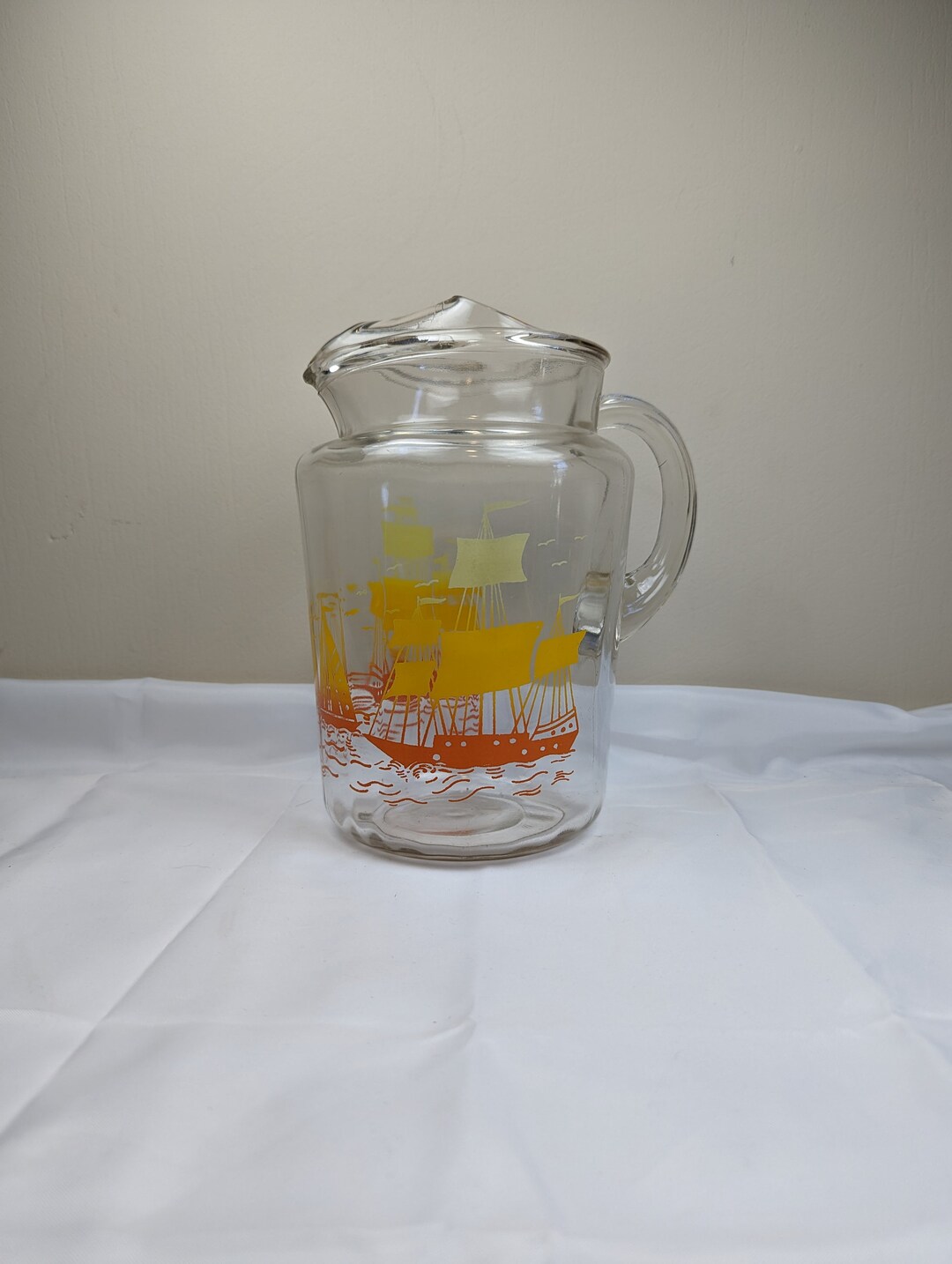 Vintage Glass Pitcher Nautical Sail Boat Red Orange and Yellow No ...