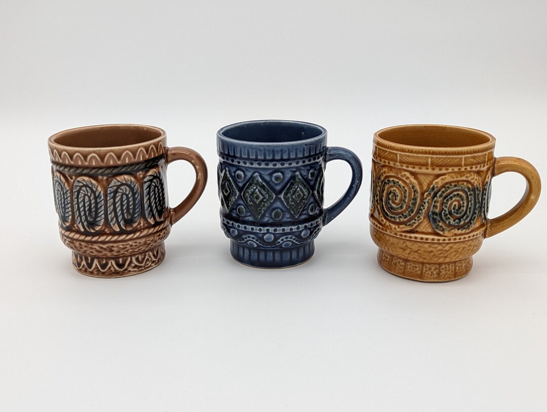Set of 3 Vintage Blue and Brown Embossed Stackable Mugs Cups Ceramic ...