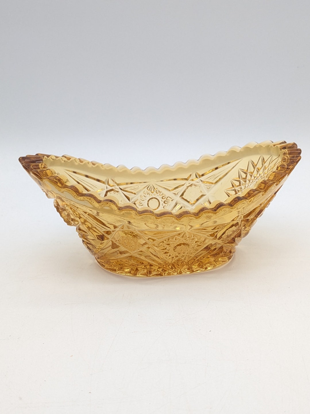 Vintage LE Smith Hobstar Amber Cut Glass Saw Tooth Rim Oval Bowl Candy ...