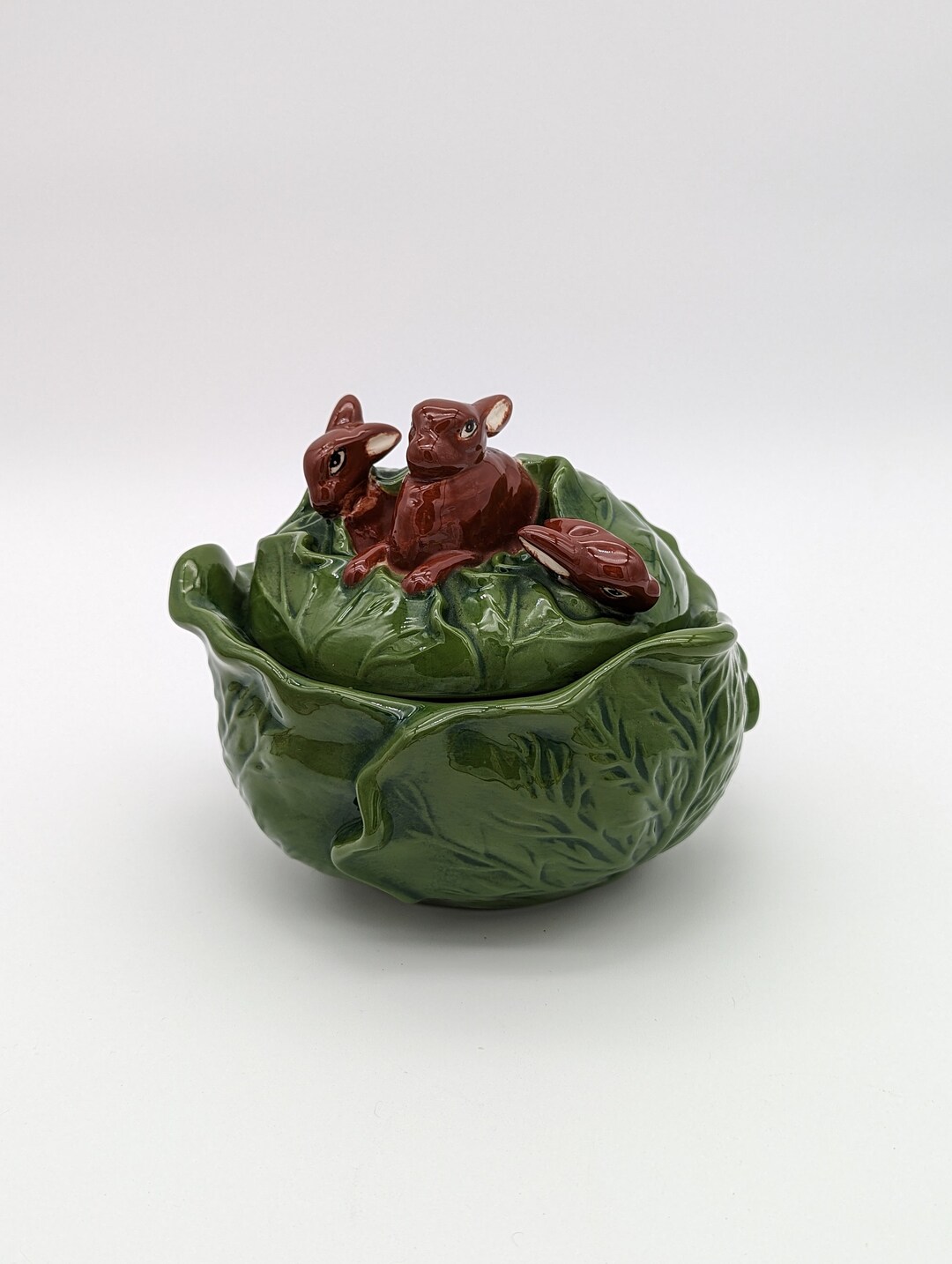 Ceramic Holland Mold Green Cabbage Lettuce With Brown Bunnies Bowl W ...