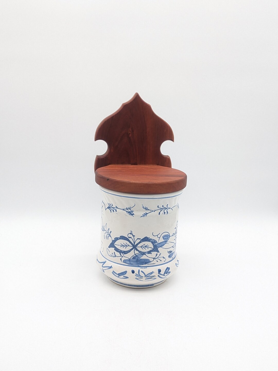 Vintage Porcelain Blue Onion Salt Cellar With Wood Lid Hangs or Stands ...