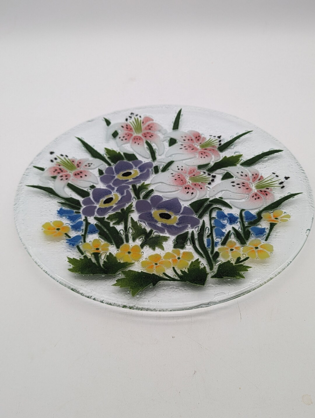 Peggy Karr Fused Art Glass Platter Spring Florals Large 14”D Vintage - Etsy
