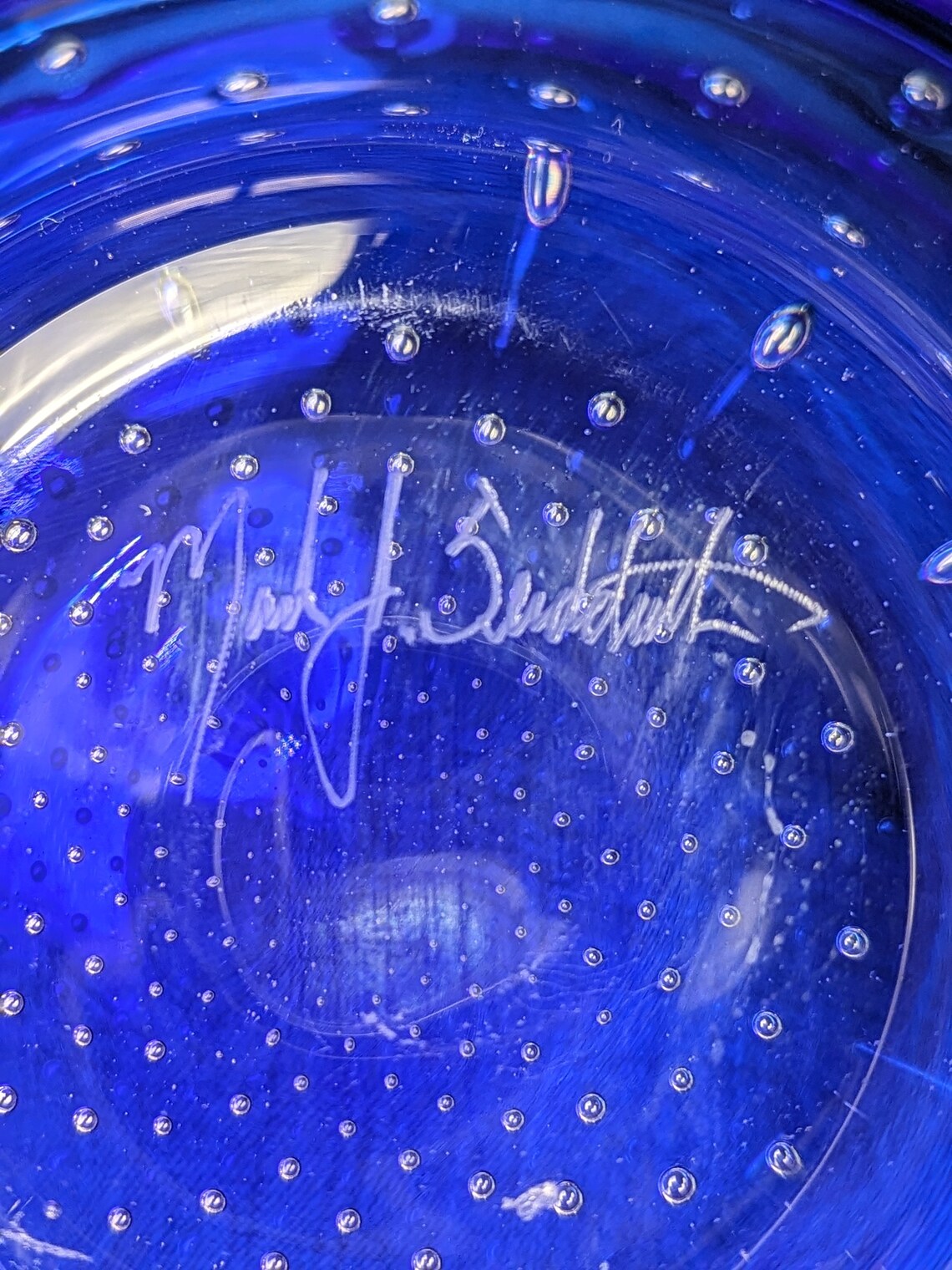 Mark J Sudduth Art Glass Cobalt Blue Bowl With Bullicante Signed Rare ...