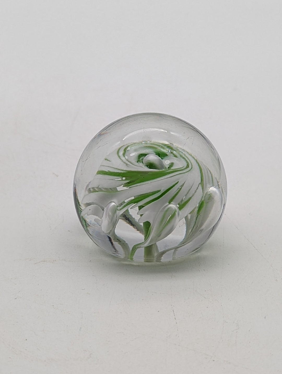 Art Glass Paperweight With Green and White Swirl With Bubbles - Etsy