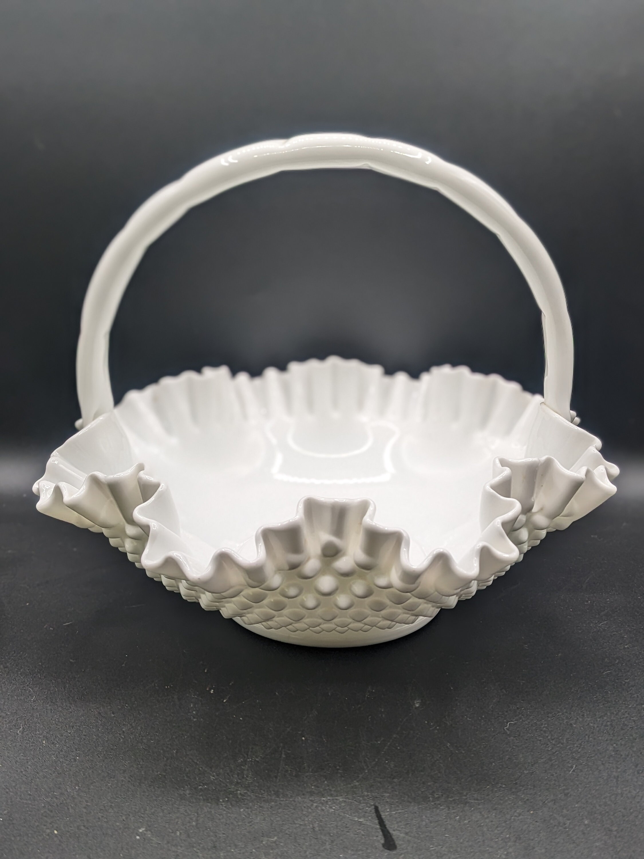 Vintage Large Fenton White Milk Glass Hobnail Ruffled Rim Centerpiece ...