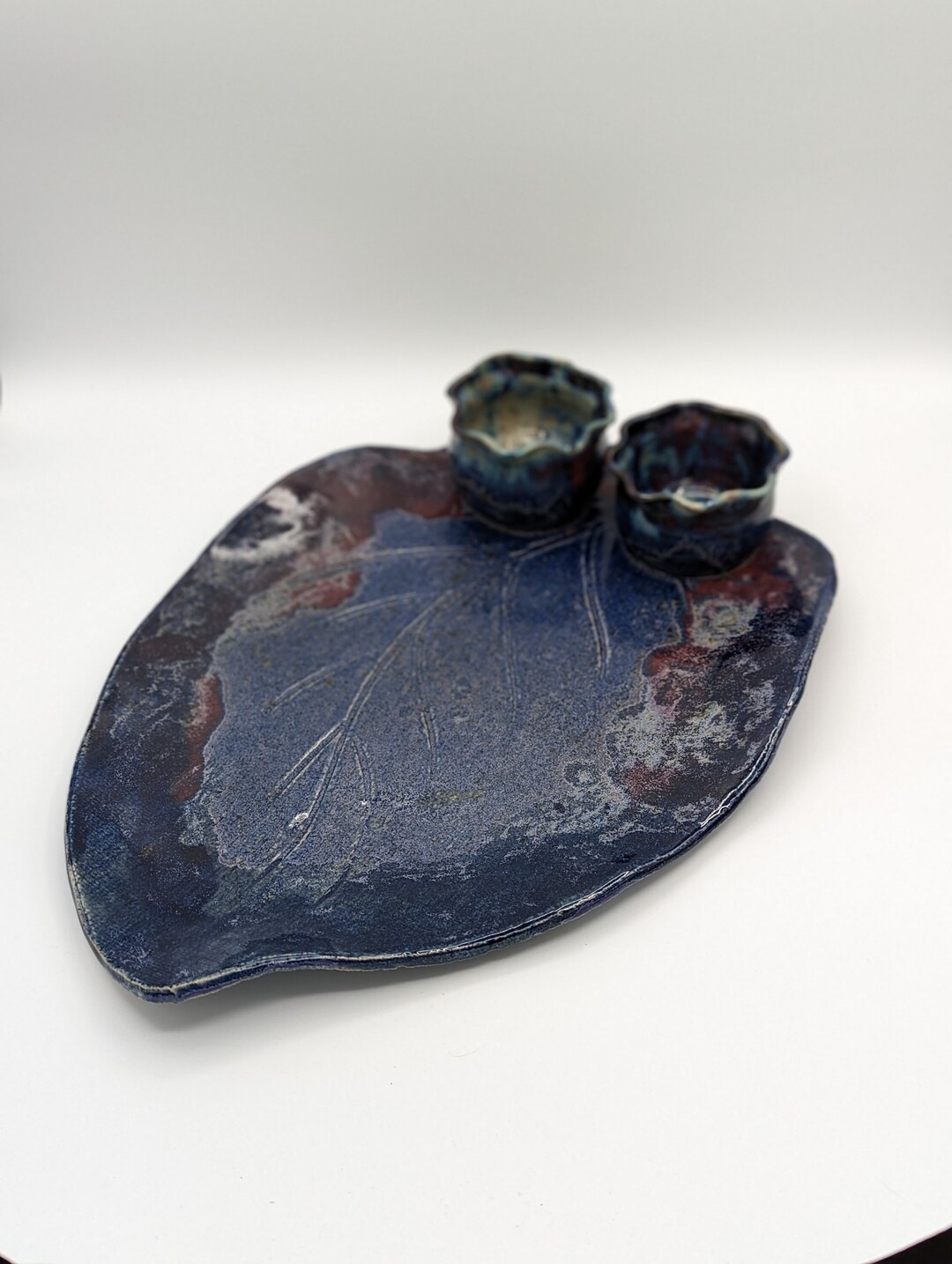 Studio Pottery Leaf Shaped Vegetable Tray With Two Dip Bowls - Etsy