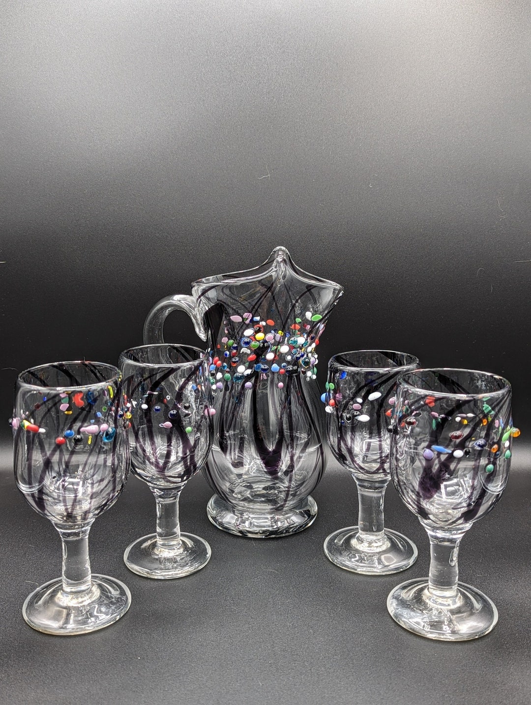 Hand Blown Glass Pitcher and 4 Goblets, Swirls and Dots Art Glass ...