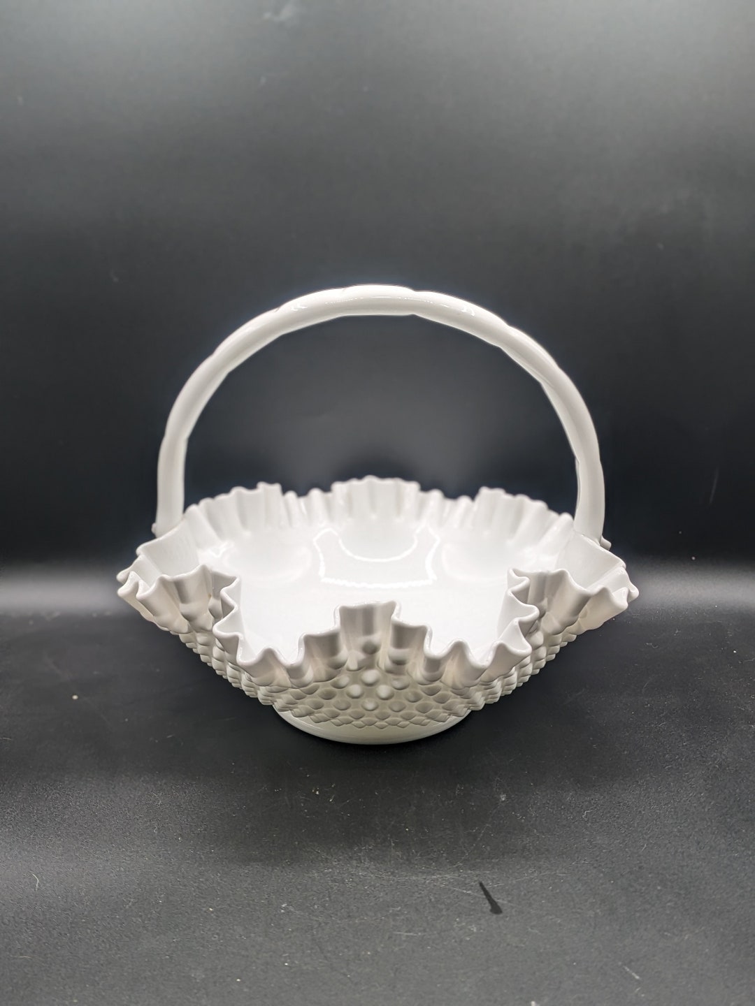 Vintage Large Fenton White Milk Glass Hobnail Ruffled Rim Centerpiece ...