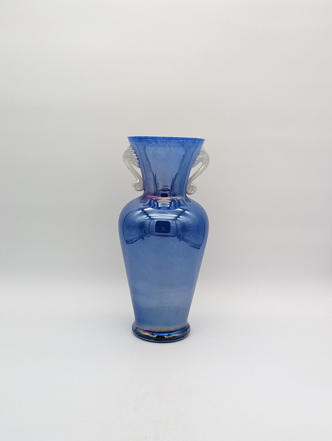 Beautiful Hand Blown Iridescent Blue Vase With Applied White Handles - Etsy