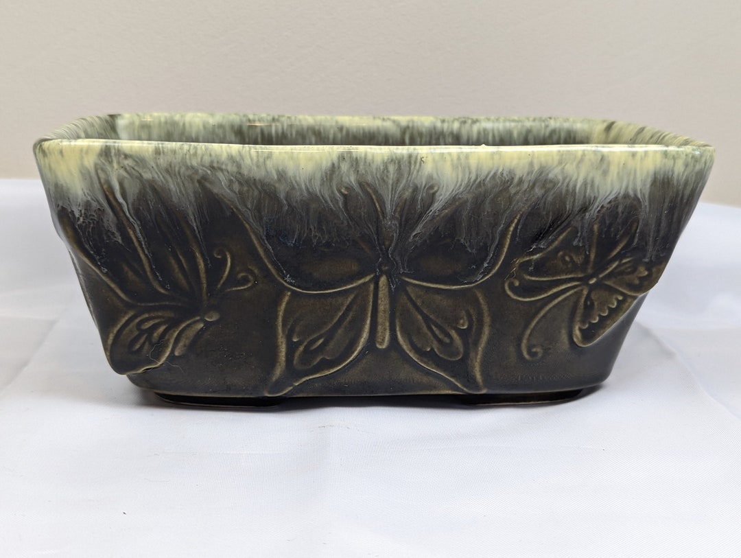 Vintage HULL USA Planter F16 Brown Drip With Butterflies 7" Long - Etsy