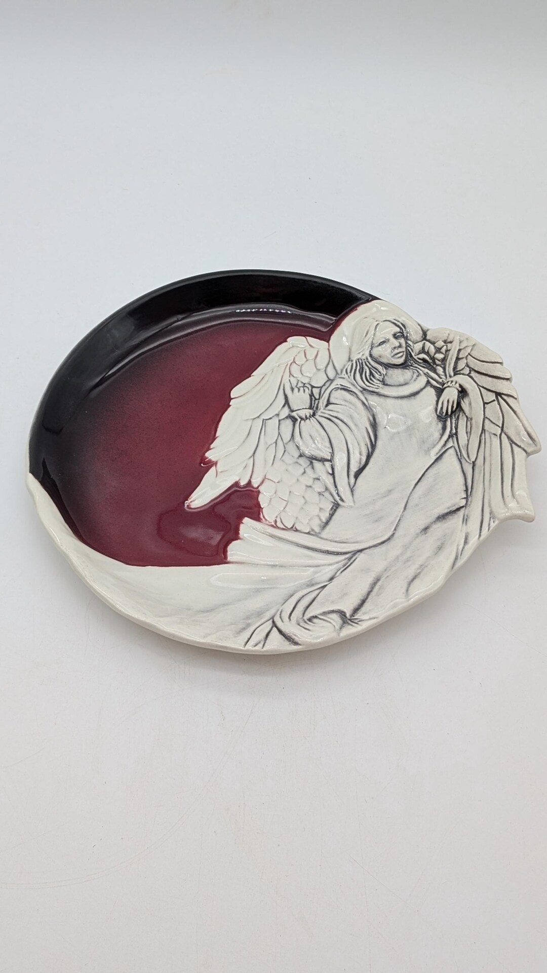 Vintage Angel Plate Dish Flat Earth Pottery 1991 Cobalt Dark Red and ...