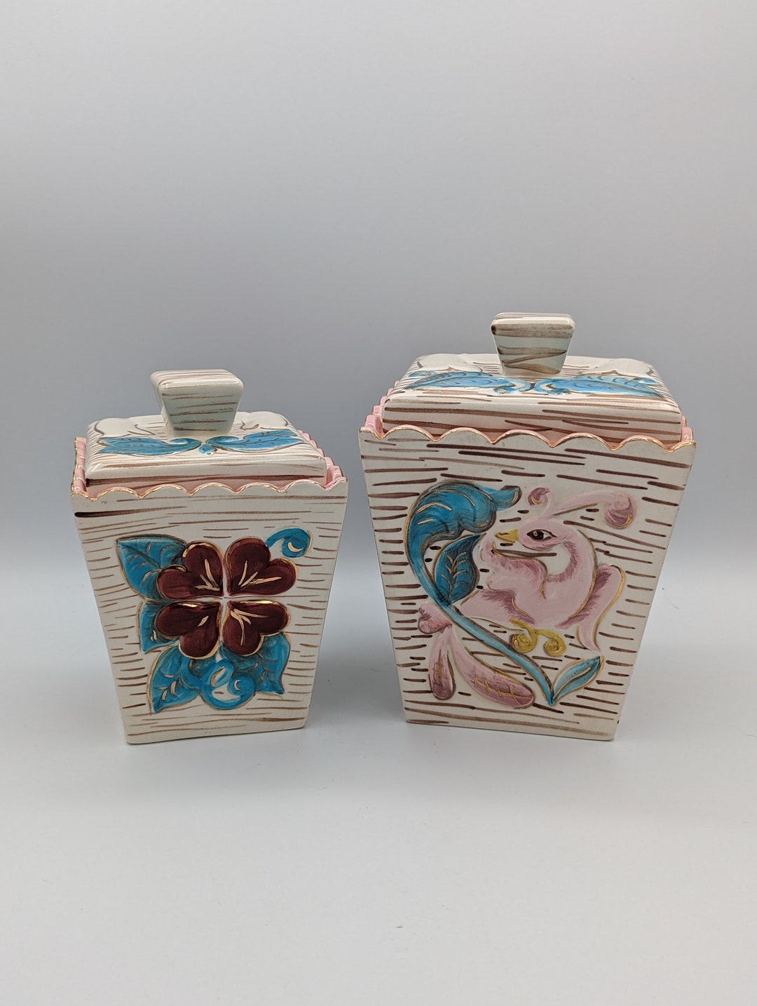 Vintage Pair of Ceramic Pottery Square Canister Fruit Floral Birds 1960 ...