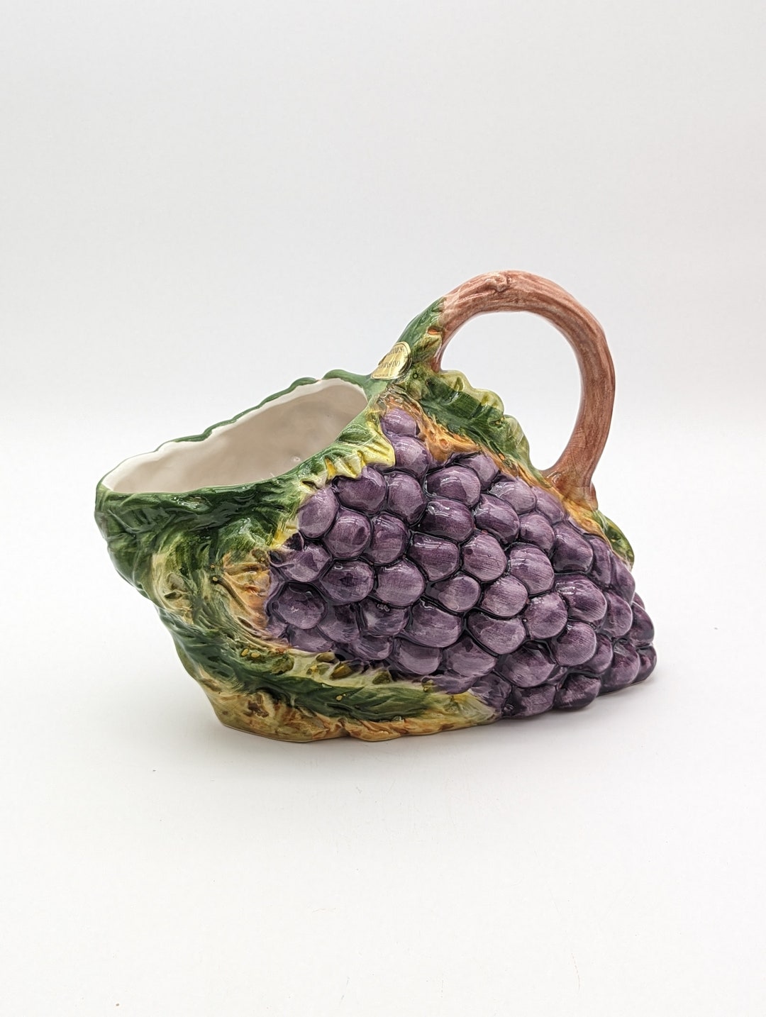 Vintage Bassano Majolica Grape Cluster Pitcher Hand Painted Italy 2 QT ...