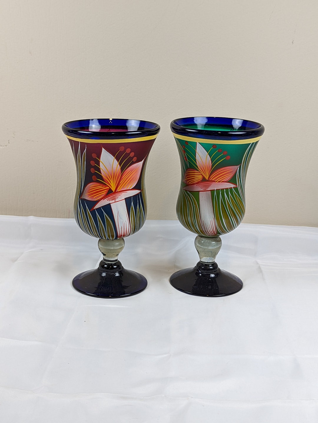 Hand-blown Hand Painted Mexican Flower Wine Water Goblet - Etsy