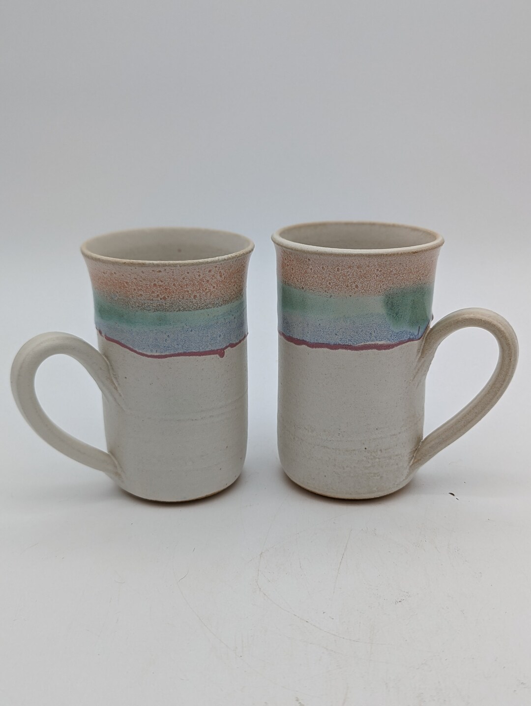 Pair of Studio Pottery Mugs in Cream With Orange, Green and Blue Colors ...