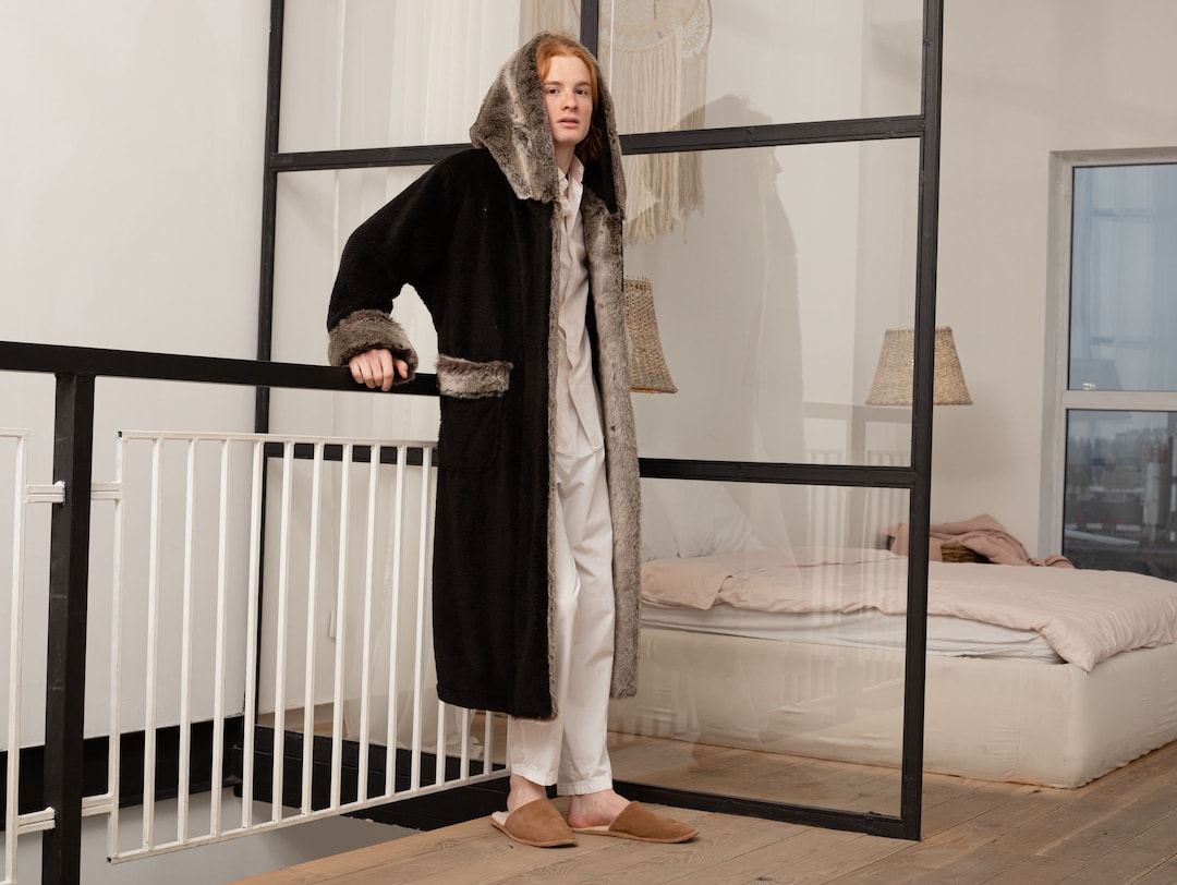 Black Plush Bathrobe, Wolf Faux Fur Hooded Robe - Etsy