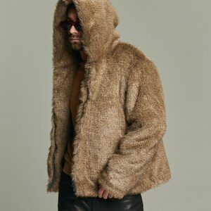 Wolf Faux Fur Bomber With Oversized Hood , Mens Furry Hooded Jacket ...
