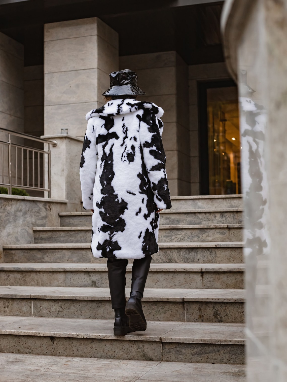 Cow Print Faux Fur Midi Coat Women Black & White Spotted - Etsy