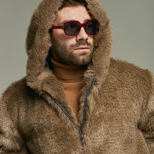 Wolf Faux Fur Bomber With Oversized Hood , Mens Furry Hooded Jacket ...