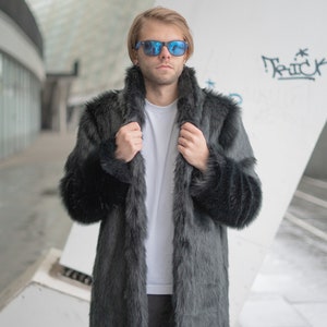 Black Wolf Midi Coat Men Collared Faux Fur Jacket - Etsy