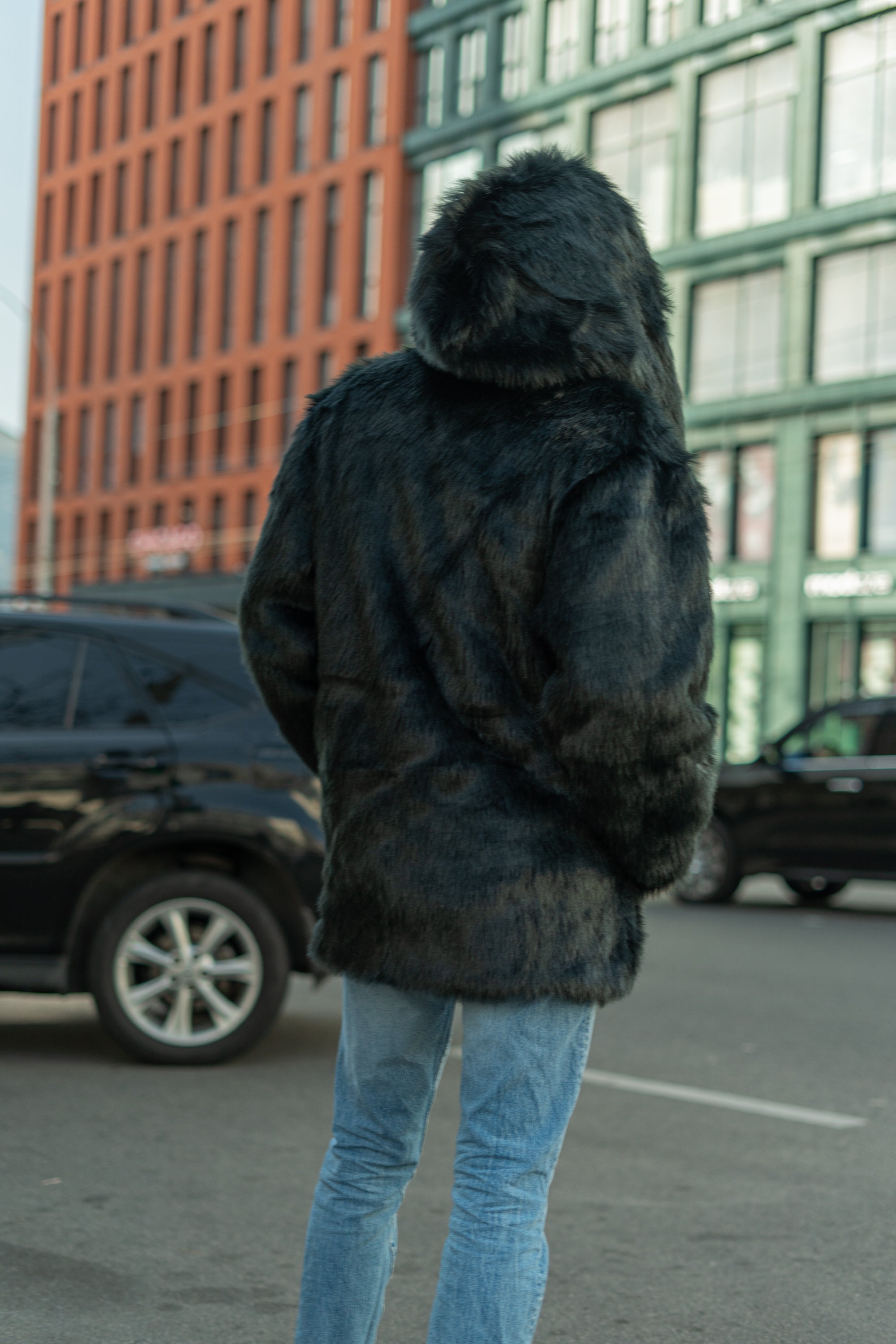 Men's Black Wolf Faux Fur Hooded Coat - Festival Rave Jacket - Etsy
