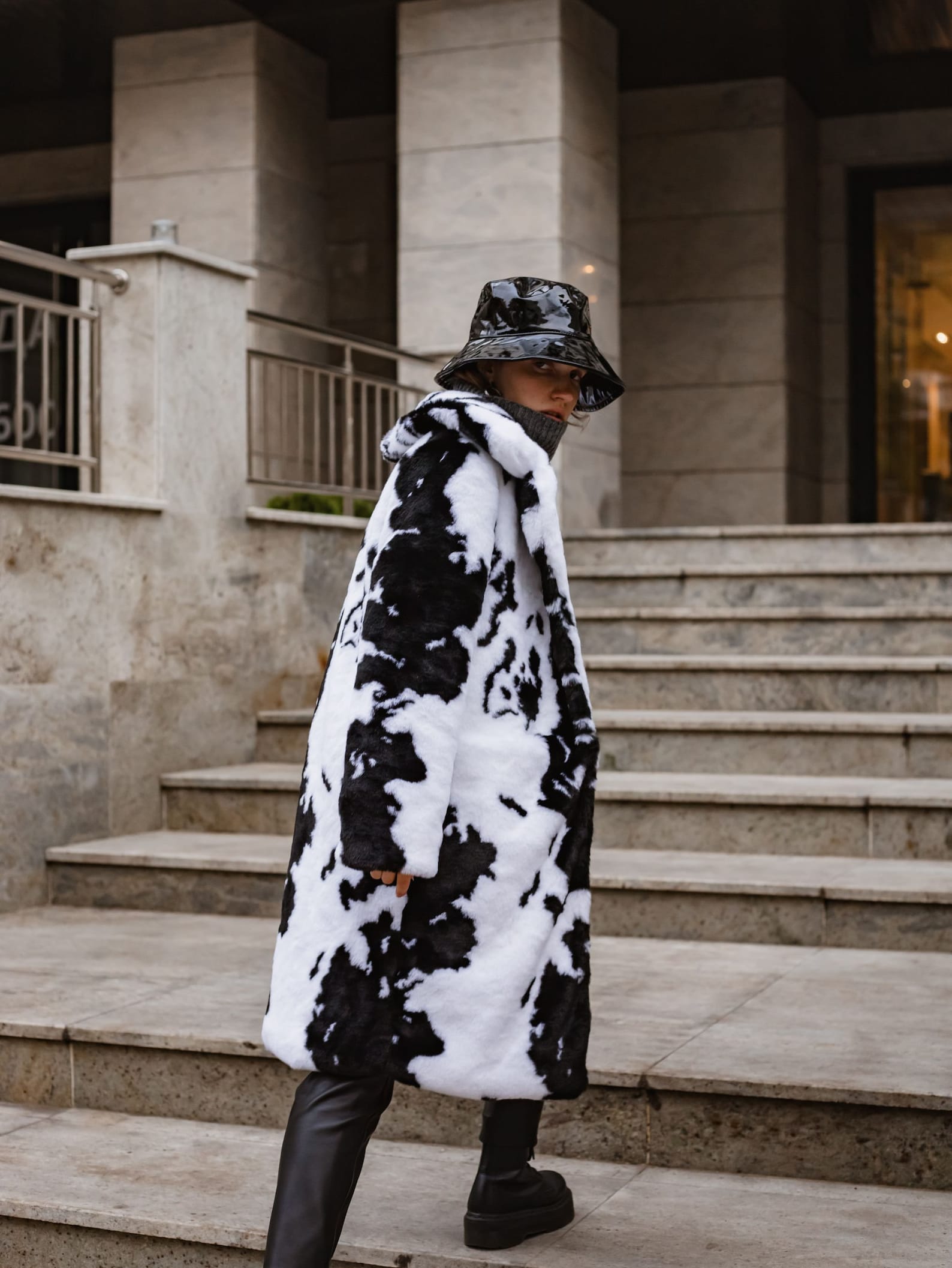 Cow Print Faux Fur Midi Coat Women Black & White Spotted | Etsy