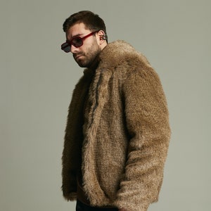 Wolf Faux Fur Bomber With Oversized Hood , Mens Furry Hooded Jacket ...