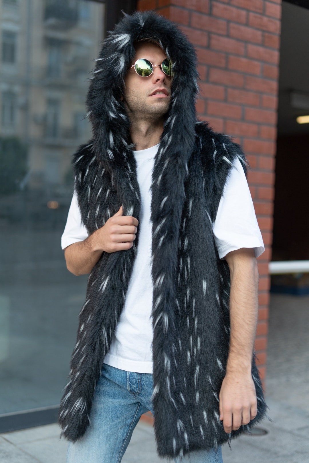 Black Hooded Faux Fur Vest, Man Furry Vest With Oversize Hood ...