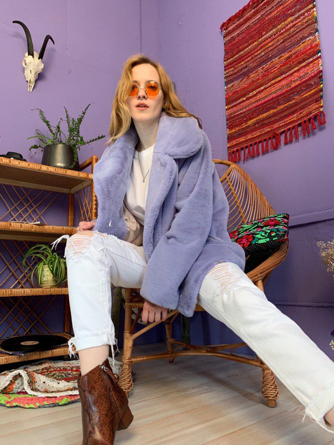 LAST PIECES Lilac Blue Faux Fur Jacket, Soft Touch Coat, Vegan Jacket ...