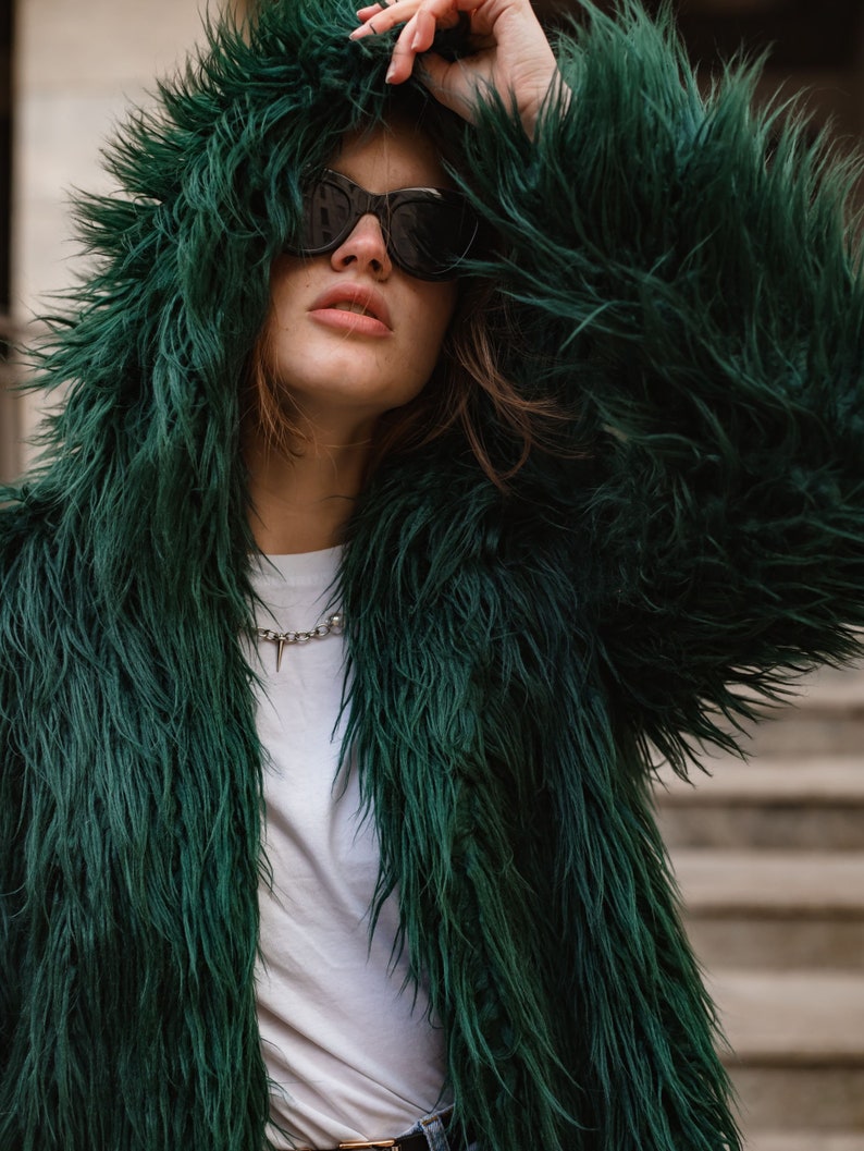 Emerald Green Faux Fur Coat Hooded Jacket Women's Shaggy | Etsy