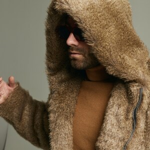 Wolf Faux Fur Bomber With Oversized Hood , Mens Furry Hooded Jacket ...