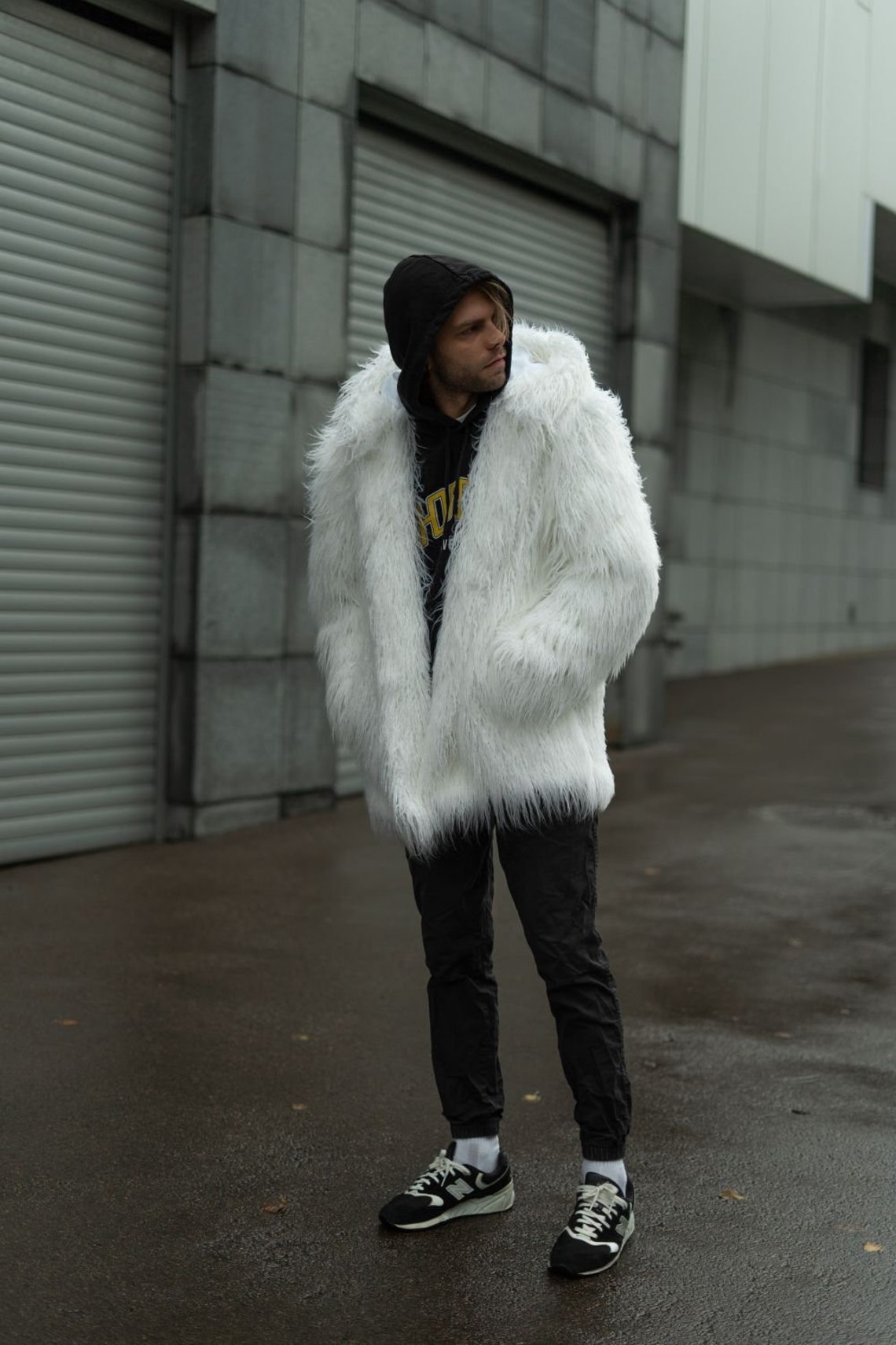 White Shaggy Faux Fur Coat With Hood, Mens Midi Hooded Jacket, Burning ...