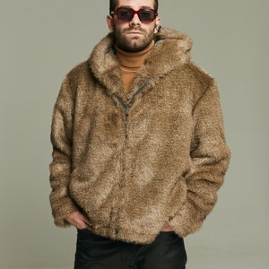 Wolf Faux Fur Bomber With Oversized Hood , Mens Furry Hooded Jacket ...