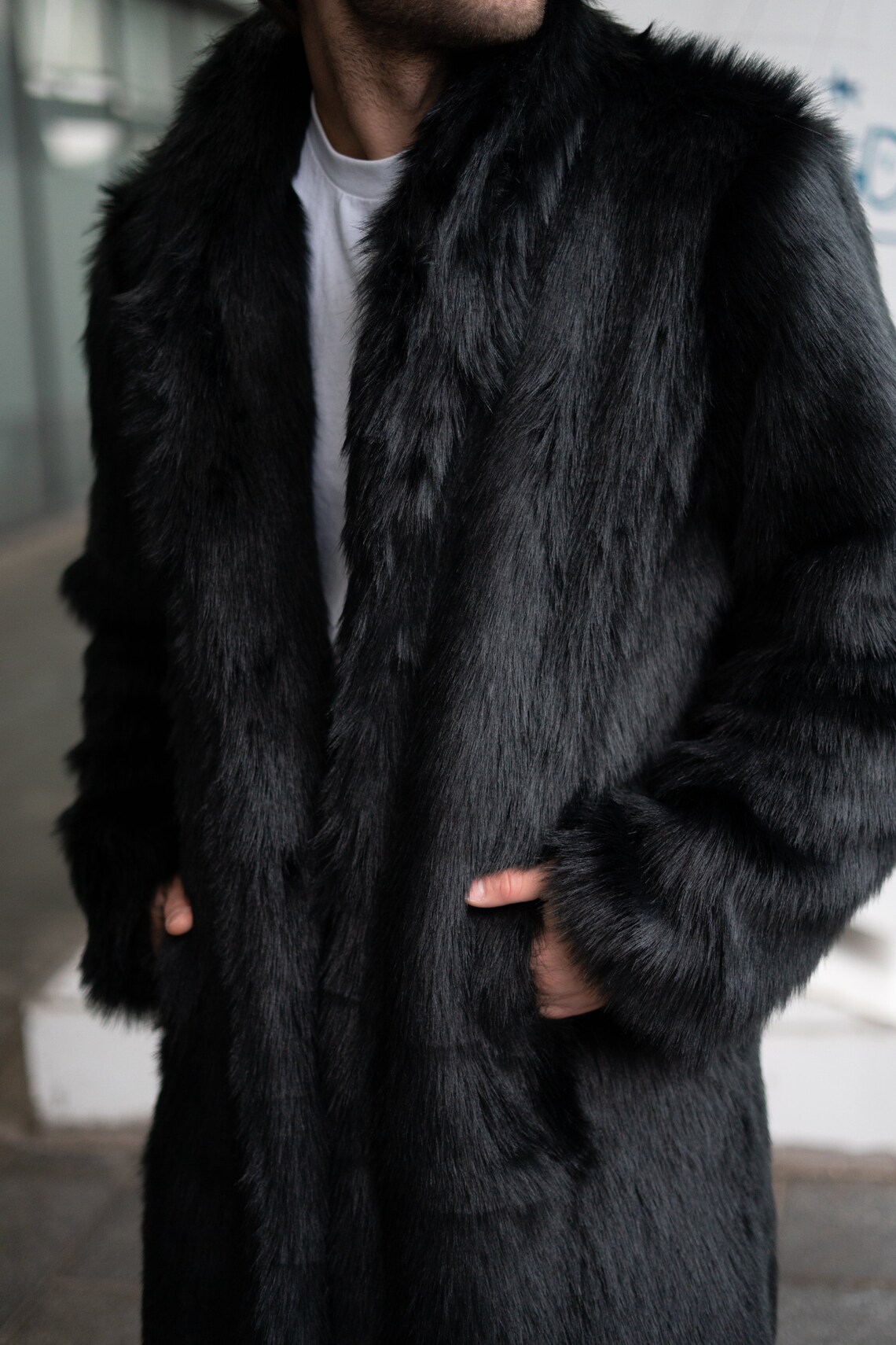 Black Wolf Midi Coat Men Collared Faux Fur Jacket - Etsy