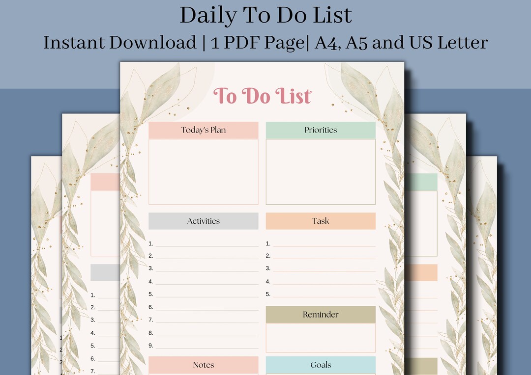 Daily to Do List Printable, Digital Download, Daily to Do List for ...