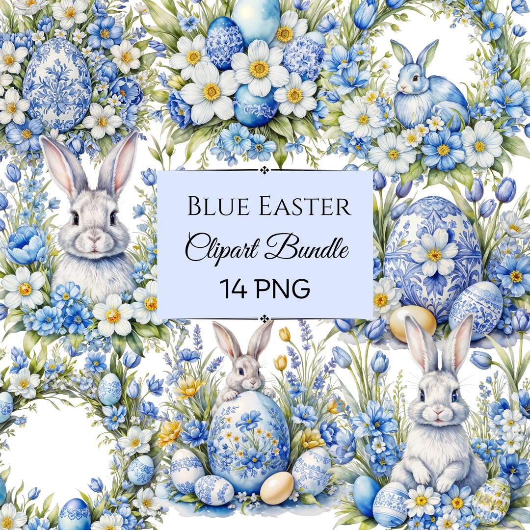 Blue Easter Clipart Bundle, Floral Bunnies and Eggs Collection Clipart ...