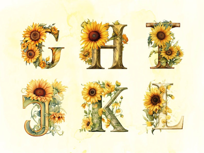 Letras prediseñadas de girasol, girasol, fuente de girasol, alfabeto ...