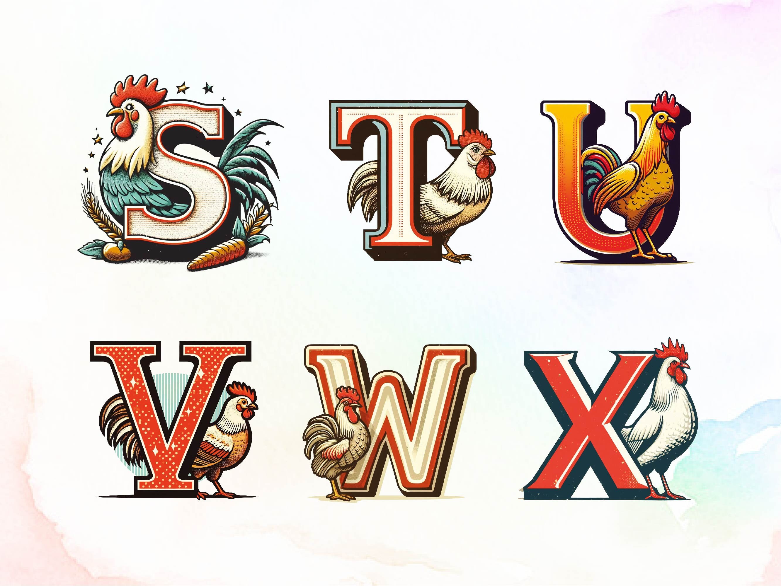 Chicken Png Watercolor Chicken Clipart Alphabet Png Retro Alphabet Png ...