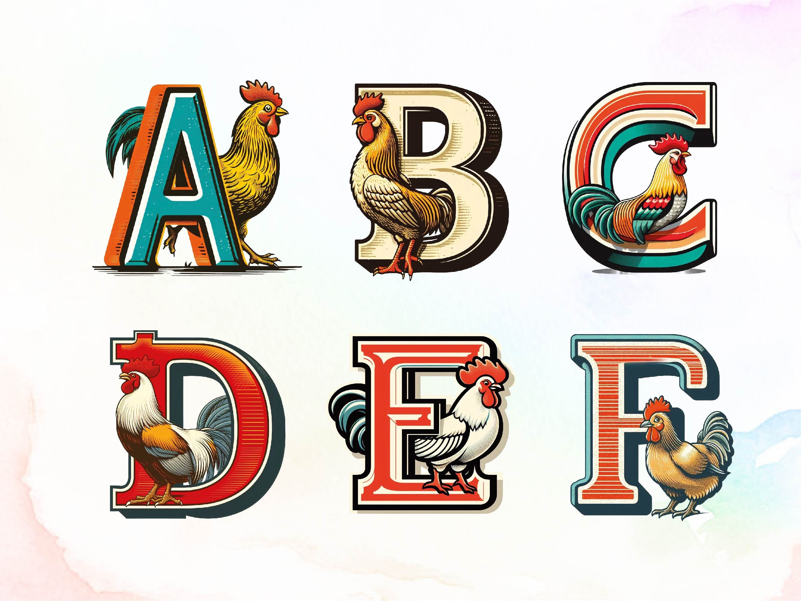 Chicken Png Watercolor Chicken Clipart Alphabet Png Retro Alphabet Png ...
