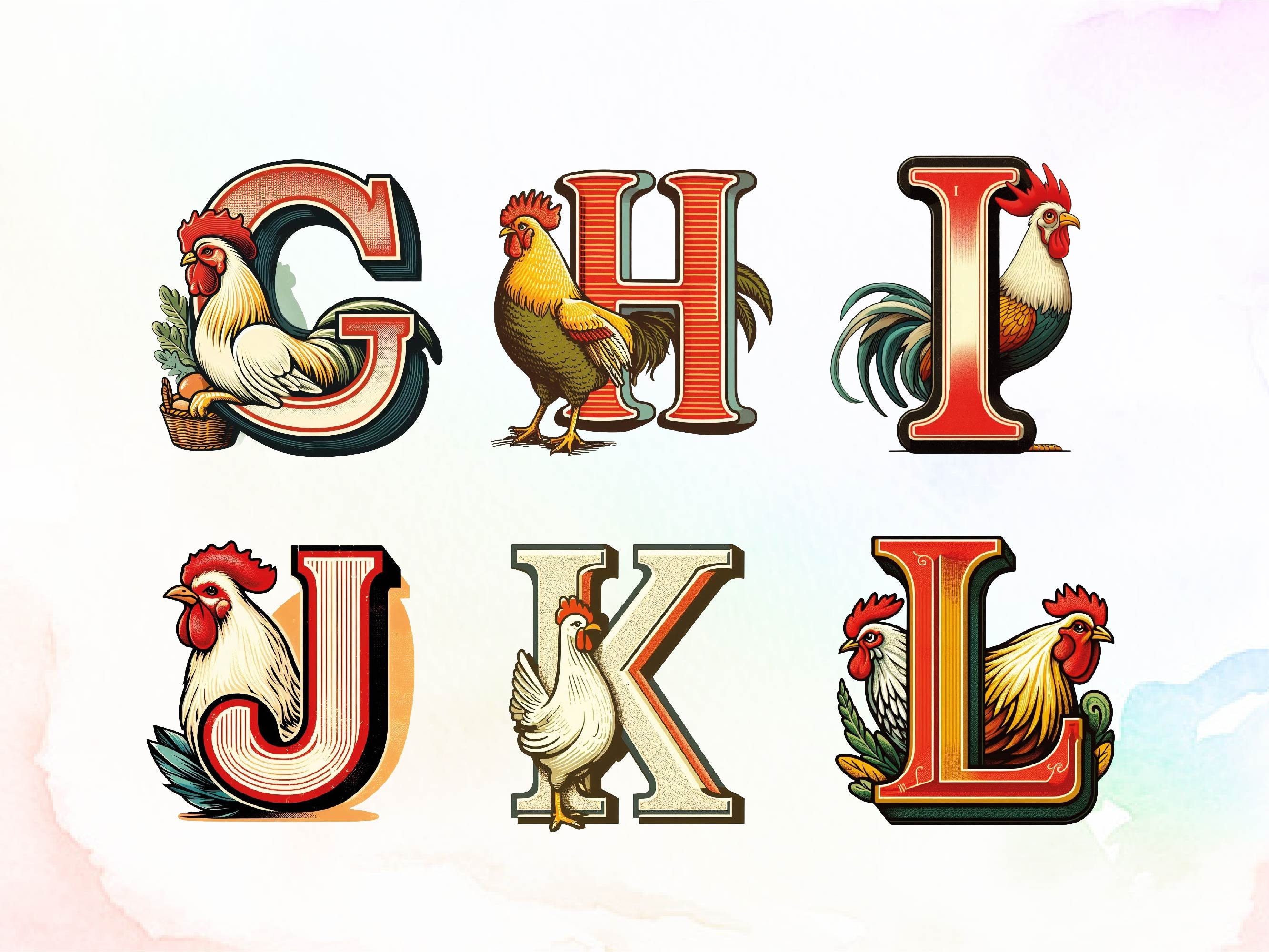 Chicken Png Watercolor Chicken Clipart Alphabet Png Retro Alphabet Png ...