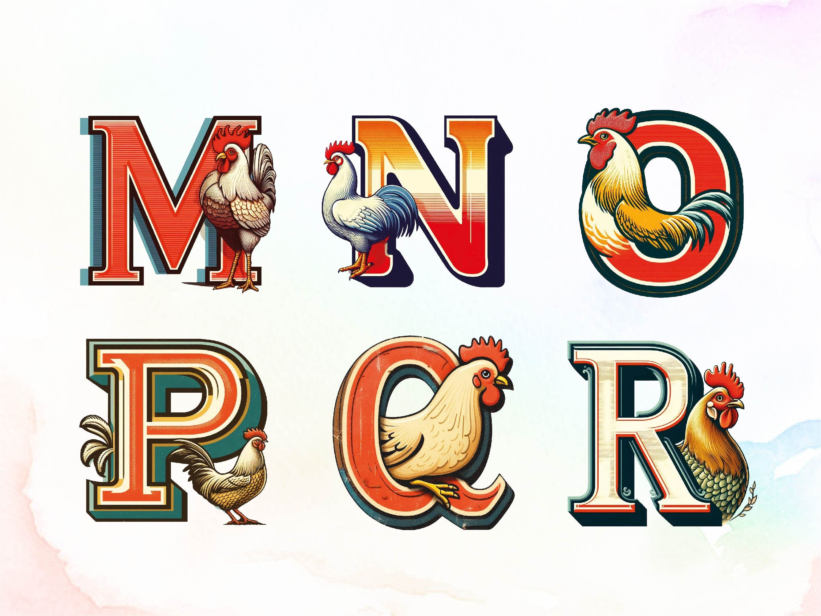 Chicken Png Watercolor Chicken Clipart Alphabet Png Retro Alphabet Png ...