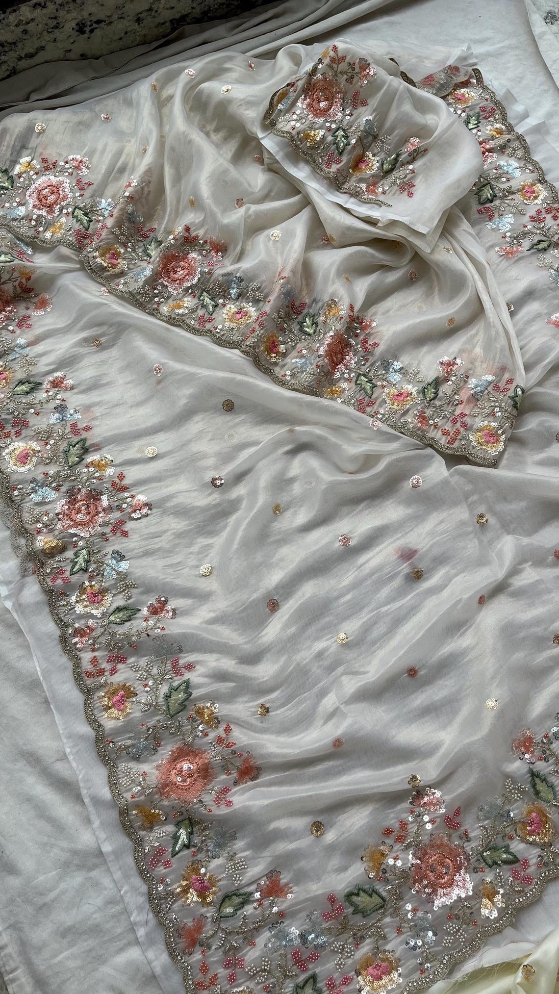 Off-white Tissue Saree, Pearl & Cutwork, Designer Blouse - Etsy